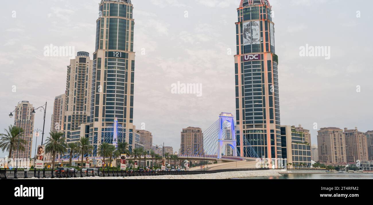 Pearl, Qatar- November 01, 2023: Gewan bridge in the entrance of pearl ...