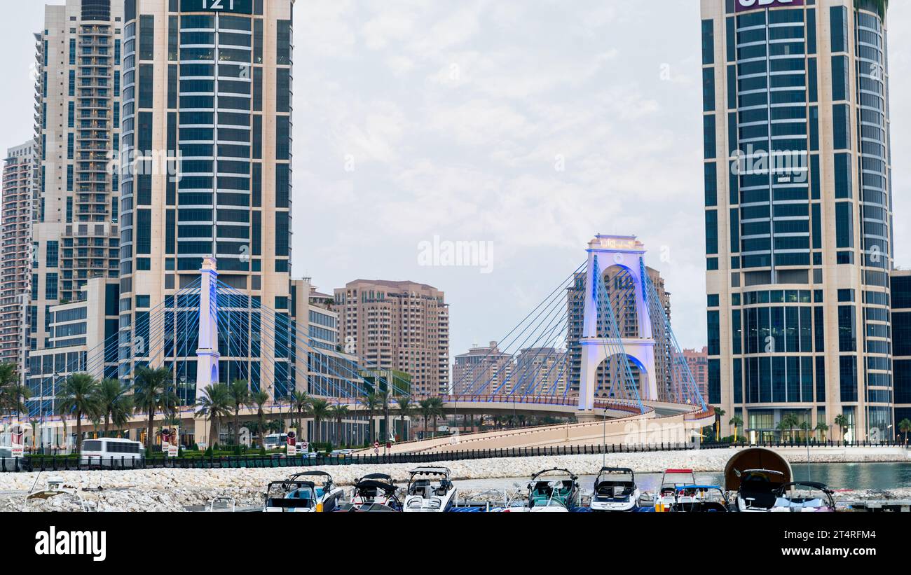 Pearl, Qatar- November 01, 2023: Gewan bridge in the entrance of pearl ...