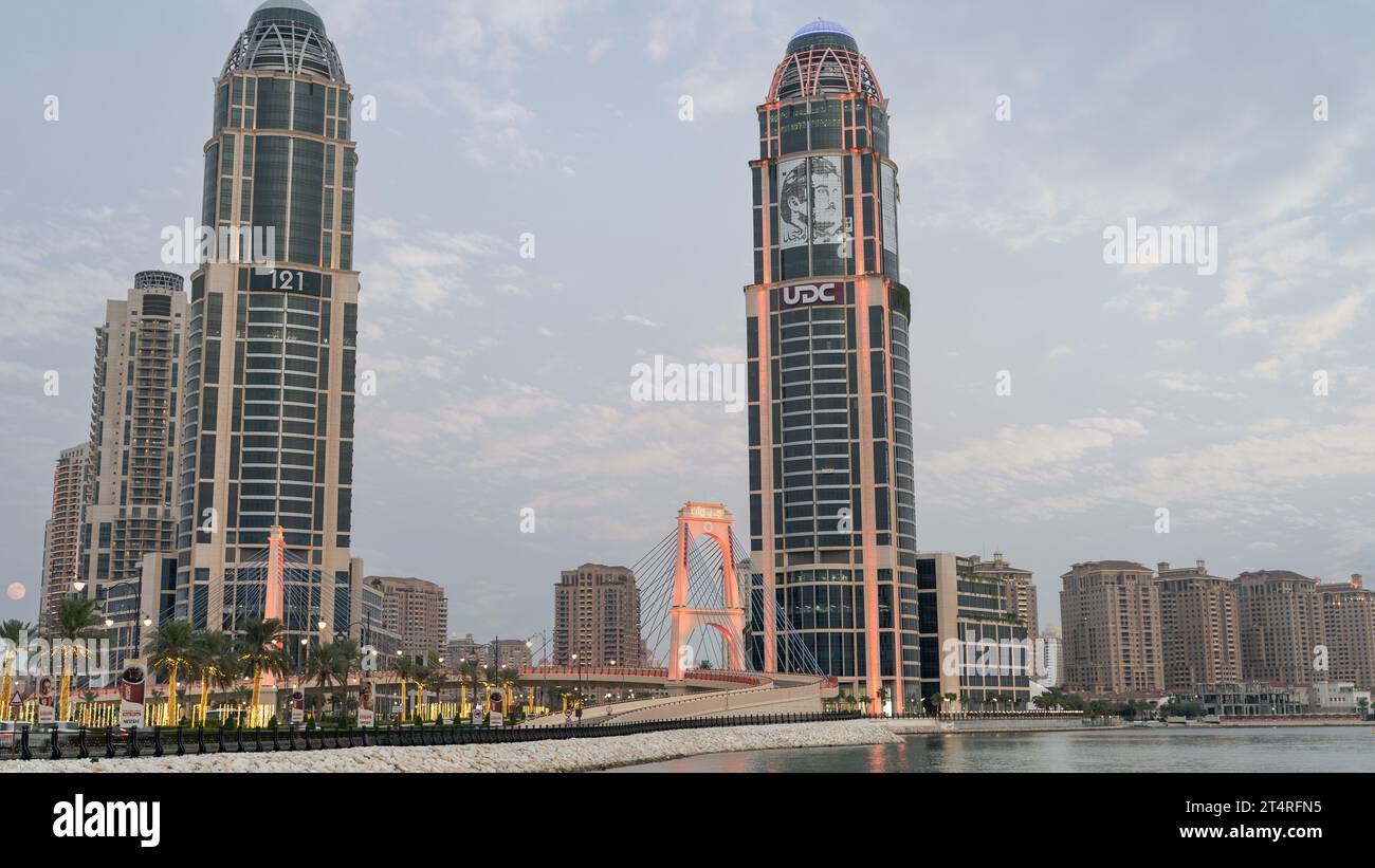 Pearl, Qatar- November 01, 2023: Gewan bridge in the entrance of pearl ...
