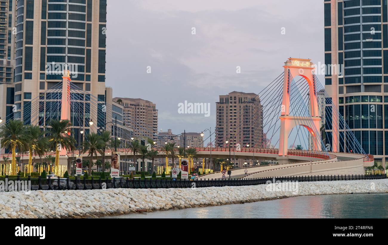 Pearl, Qatar- November 01, 2023: Gewan bridge in the entrance of pearl ...