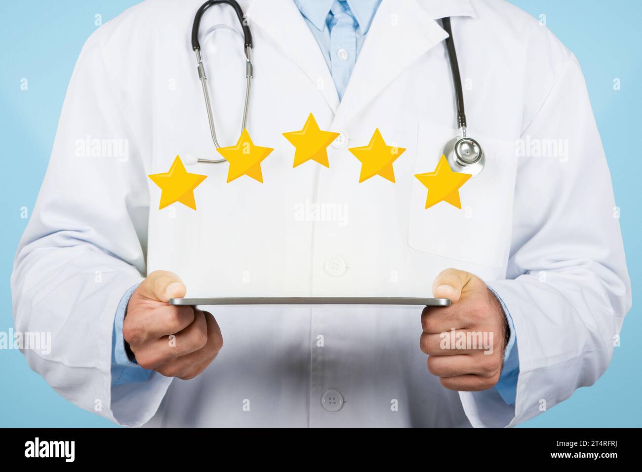 Doctor man holding tablet displaying five-star rating, blue background ...