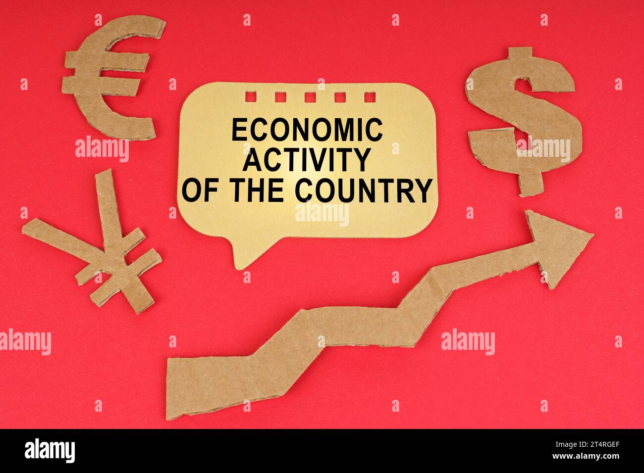 Business concept. On the red surface there are money symbols, an arrow ...