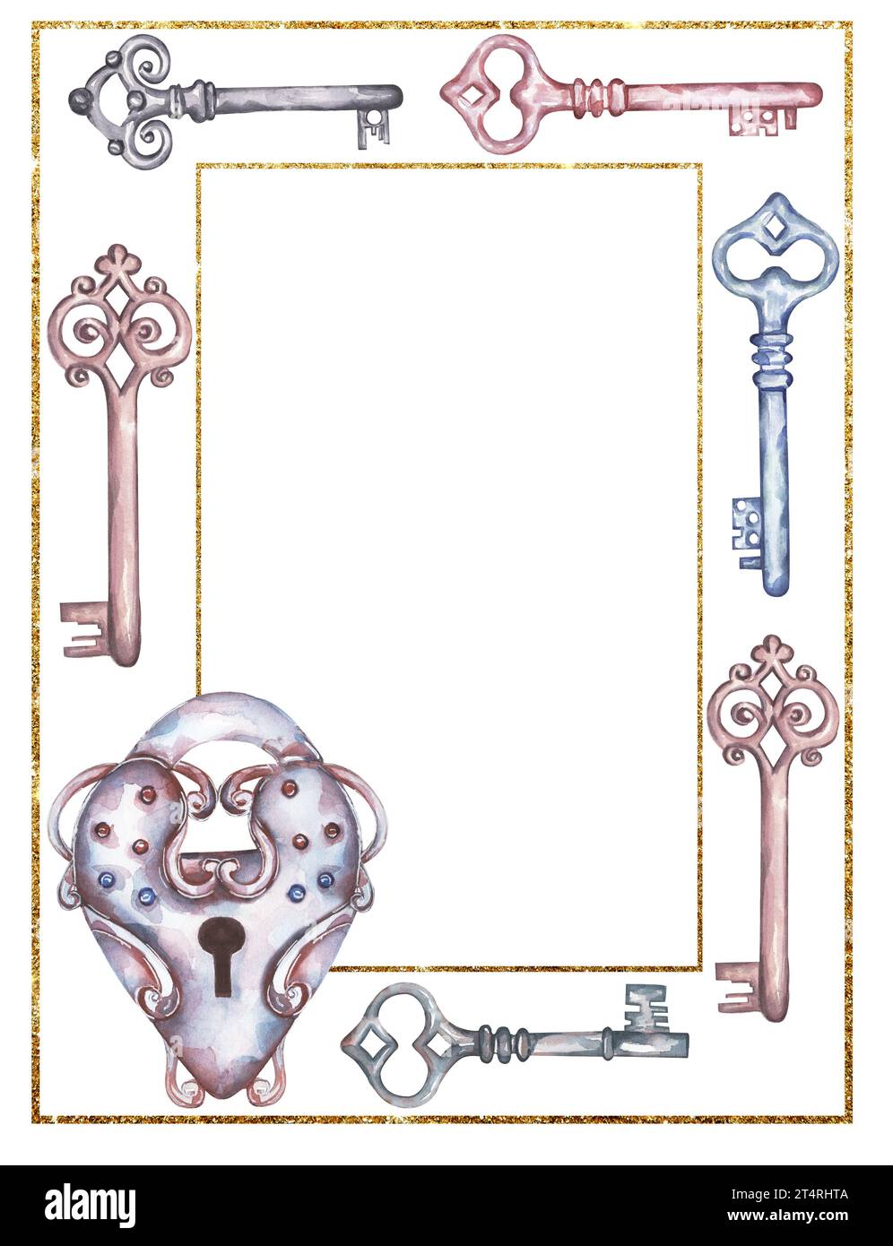 Watercolor keys and padlock frame clipart. Vintage key and lock border ...