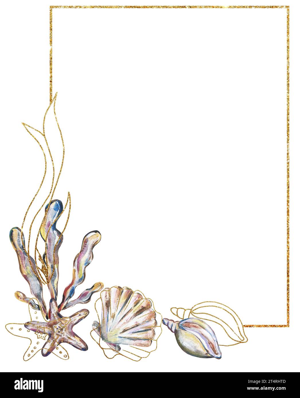 Acrylic hand painted sea shells, corals and pearls frame illustration ...