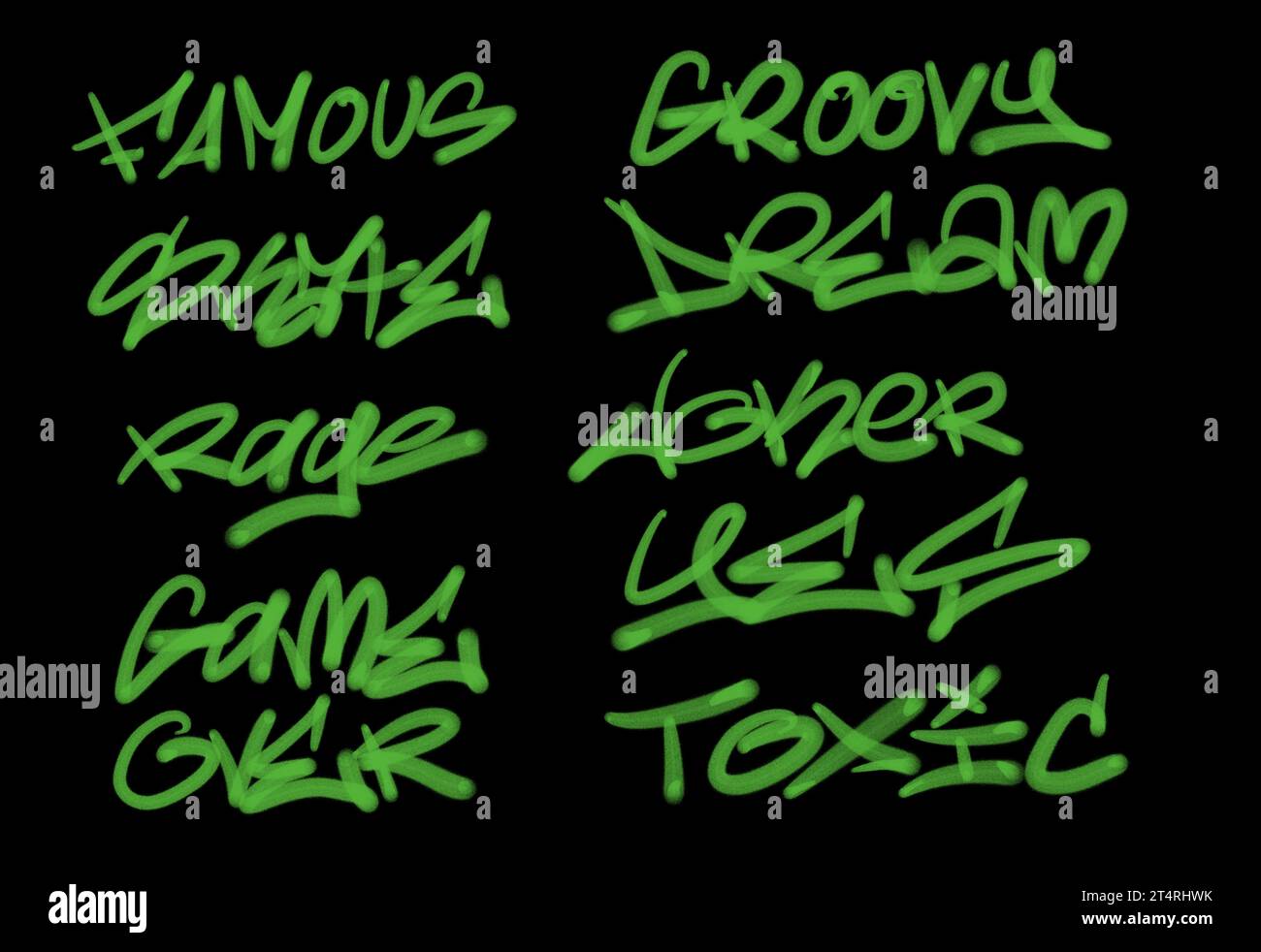 Collection of graffiti street art tags with words and symbols in green ...