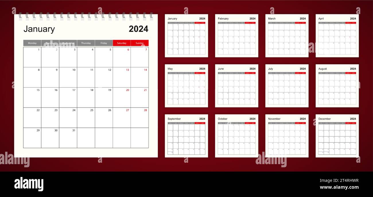 Wall calendar template for 2024 year. Holiday and event planner, week ...