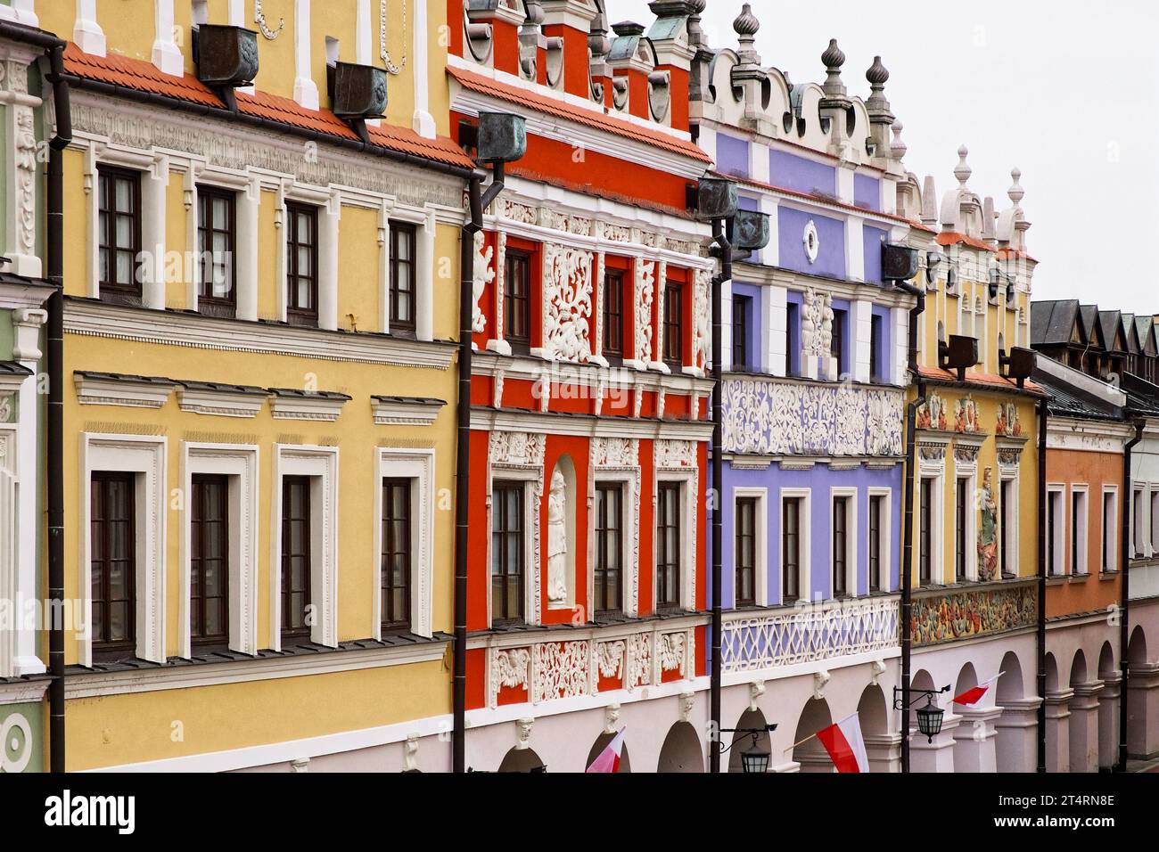 Richly decorated old Renaissance houses in the Polish town of Zamosc ...