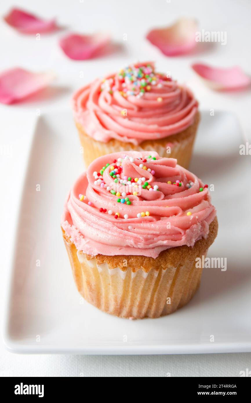 Vanilla buttercream cupcakes with pink frosting and sprinkles Stock ...