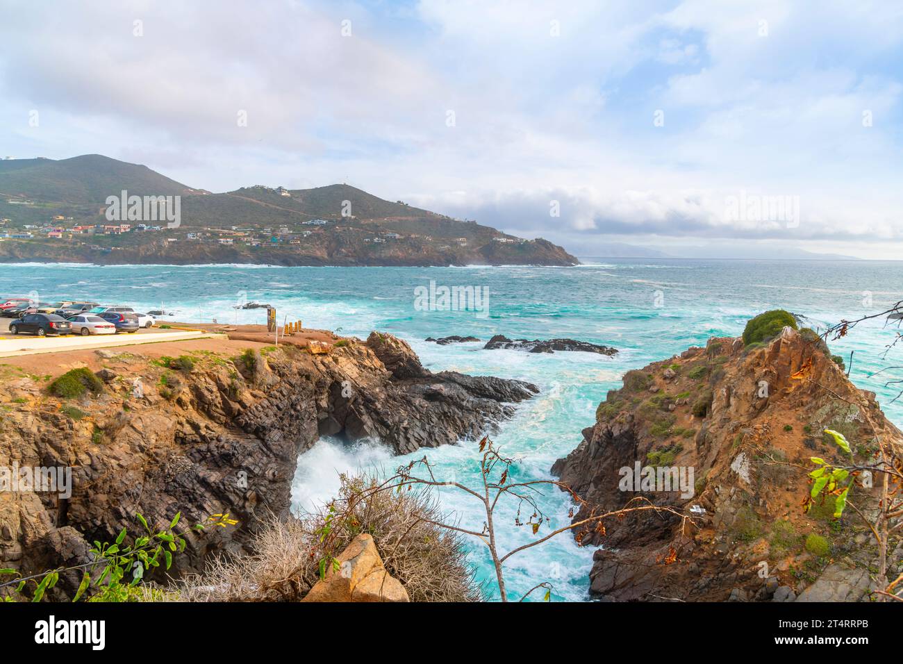 The rocky, scenic coastline along the Pacific Ocean at the cape of ...