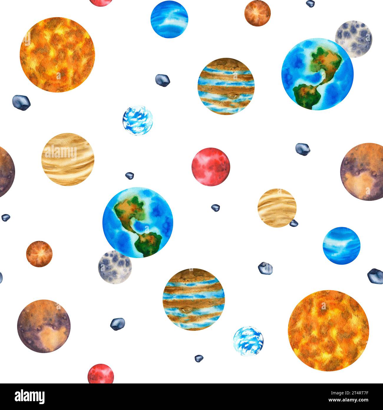 Seamless pattern galaxy with planets. Clip art solar system: sun, earth, moon, mercury, asteroid ...