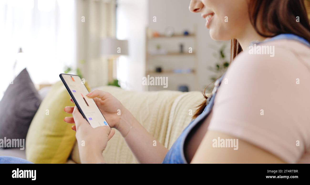 Phone screen, makeup catalog and woman, online shopping with ecommerce ...