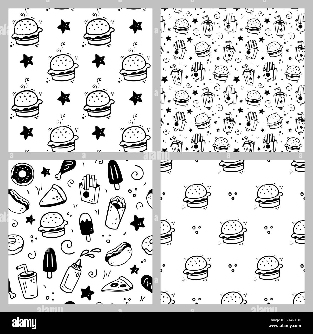 Hand drawn fast food combo with hamburger. Set of fast food seamless patterns. Comic doodle ...