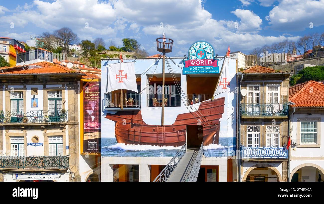 Porto, Portugal, facade of the attraction "World of Discoveries" , an ...