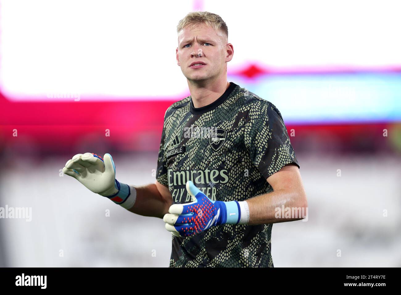 Arsenal goalkeeper Aaron Ramsdale warming up prior to kick-off before ...