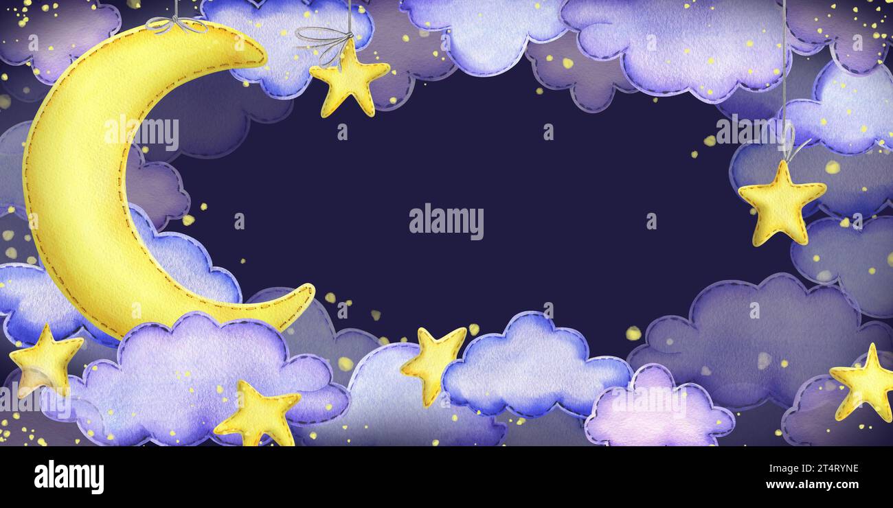 Night sky with a yellow moon, suspended stars and clouds sewn from ...