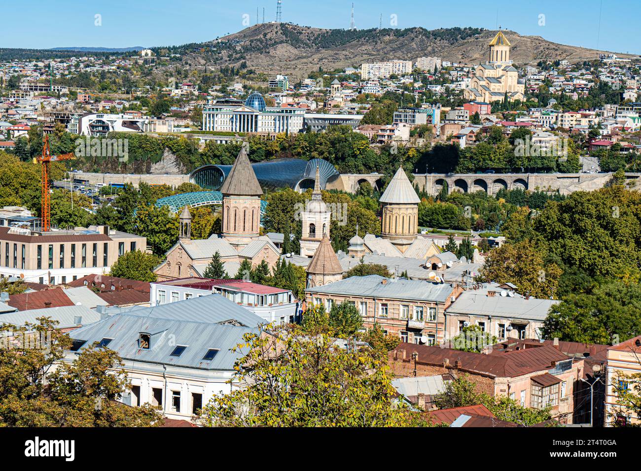 Aerial cityscape with domes of churches and cathedrals, Old Tbilisi ...