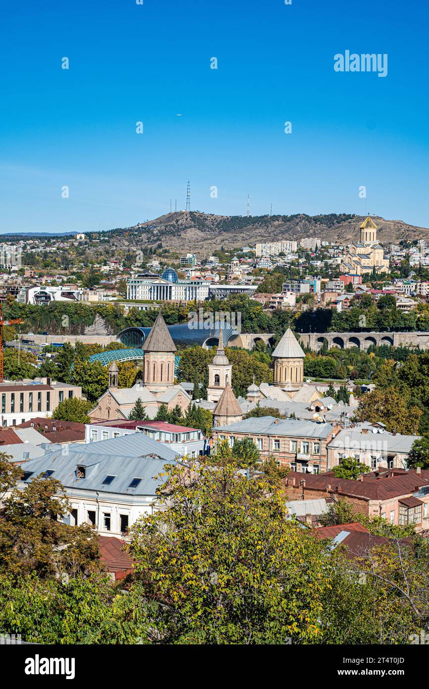 Aerial cityscape with domes of churches and cathedrals, Old Tbilisi ...