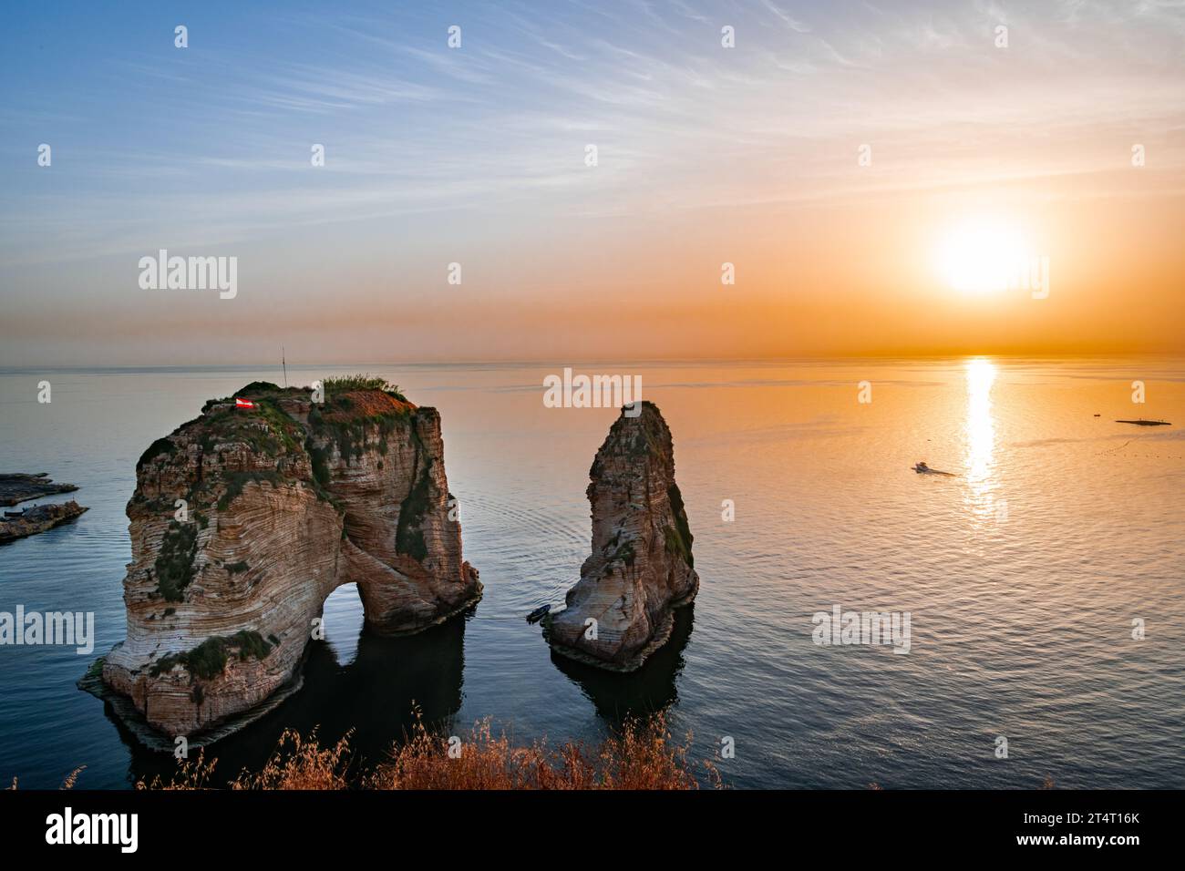 Sunset over The Pigeon Rocks also known as Raouche in Beirut, capital ...