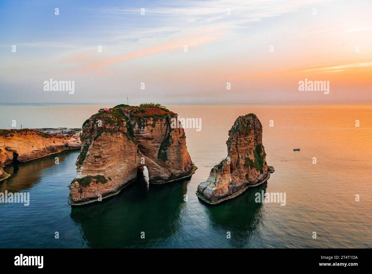 Sunset over The Pigeon Rocks also known as Raouche in Beirut, capital ...