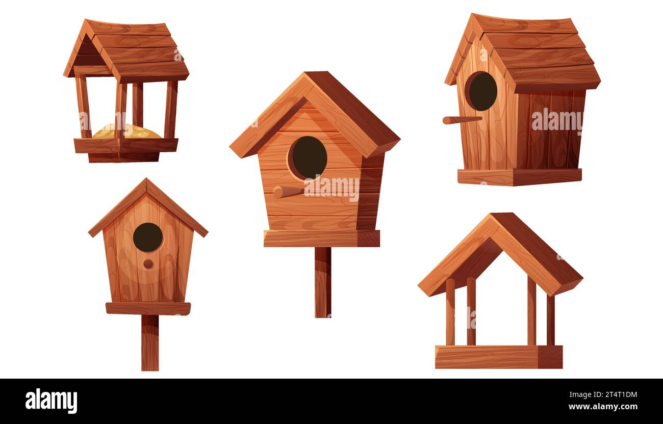Set wooden bird feeder and bird house with roof, hole and seeds in ...
