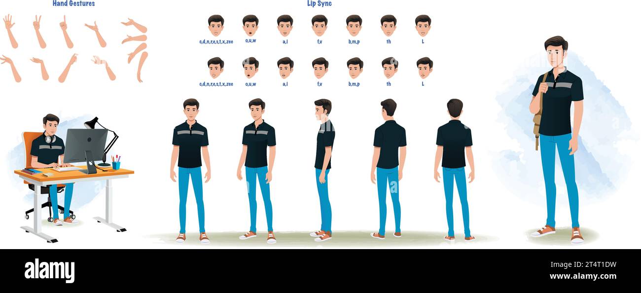 A man modelsheet. man turn around sheet, hand gestures, lip sync Stock ...
