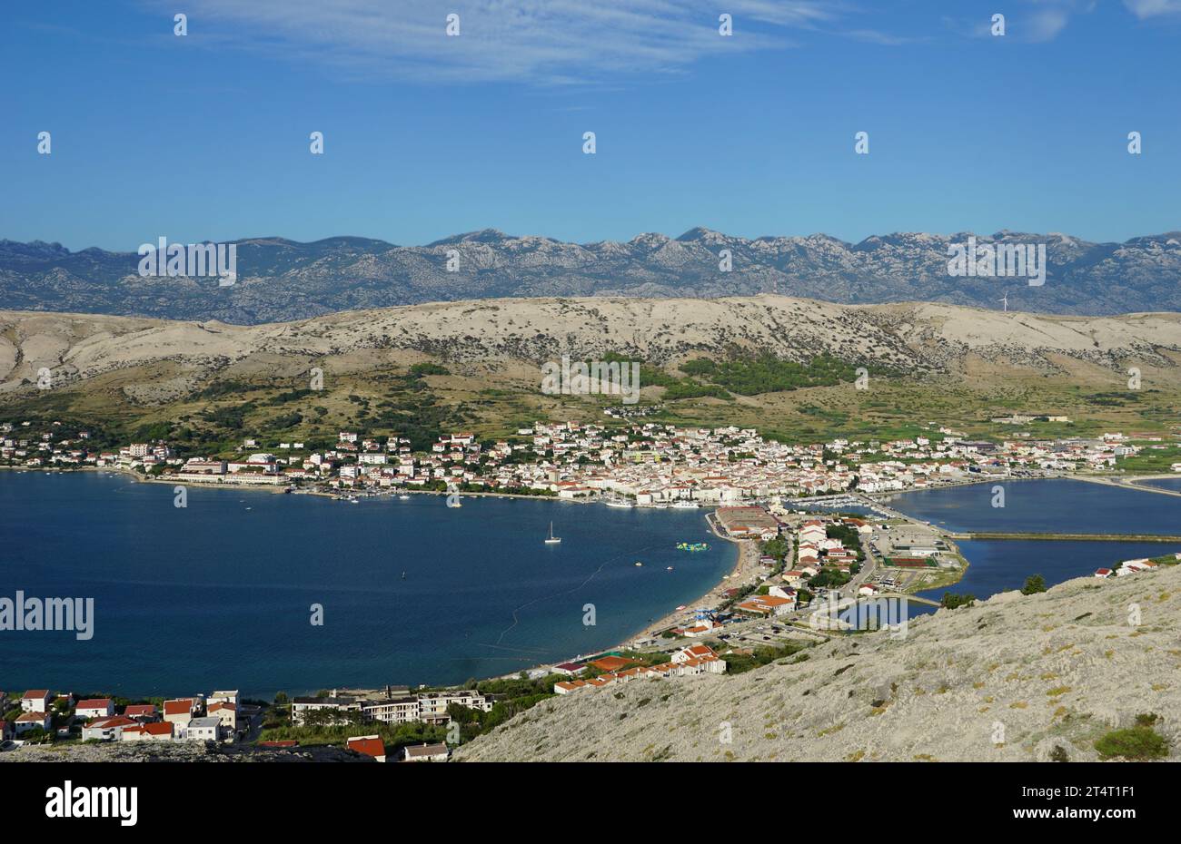 Aerial view to the landscape of the island of Pag and touristic town ...