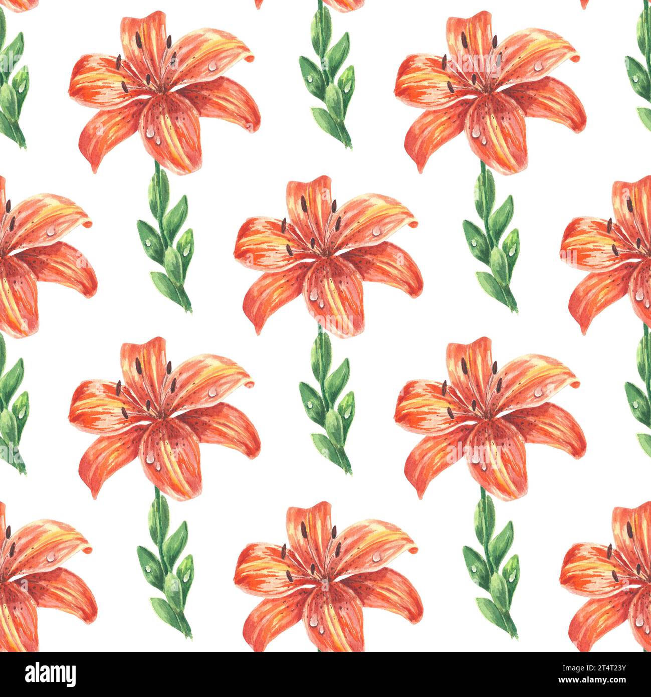 Watercolor seamless pattern orange lilies flowers hand drawn in ...