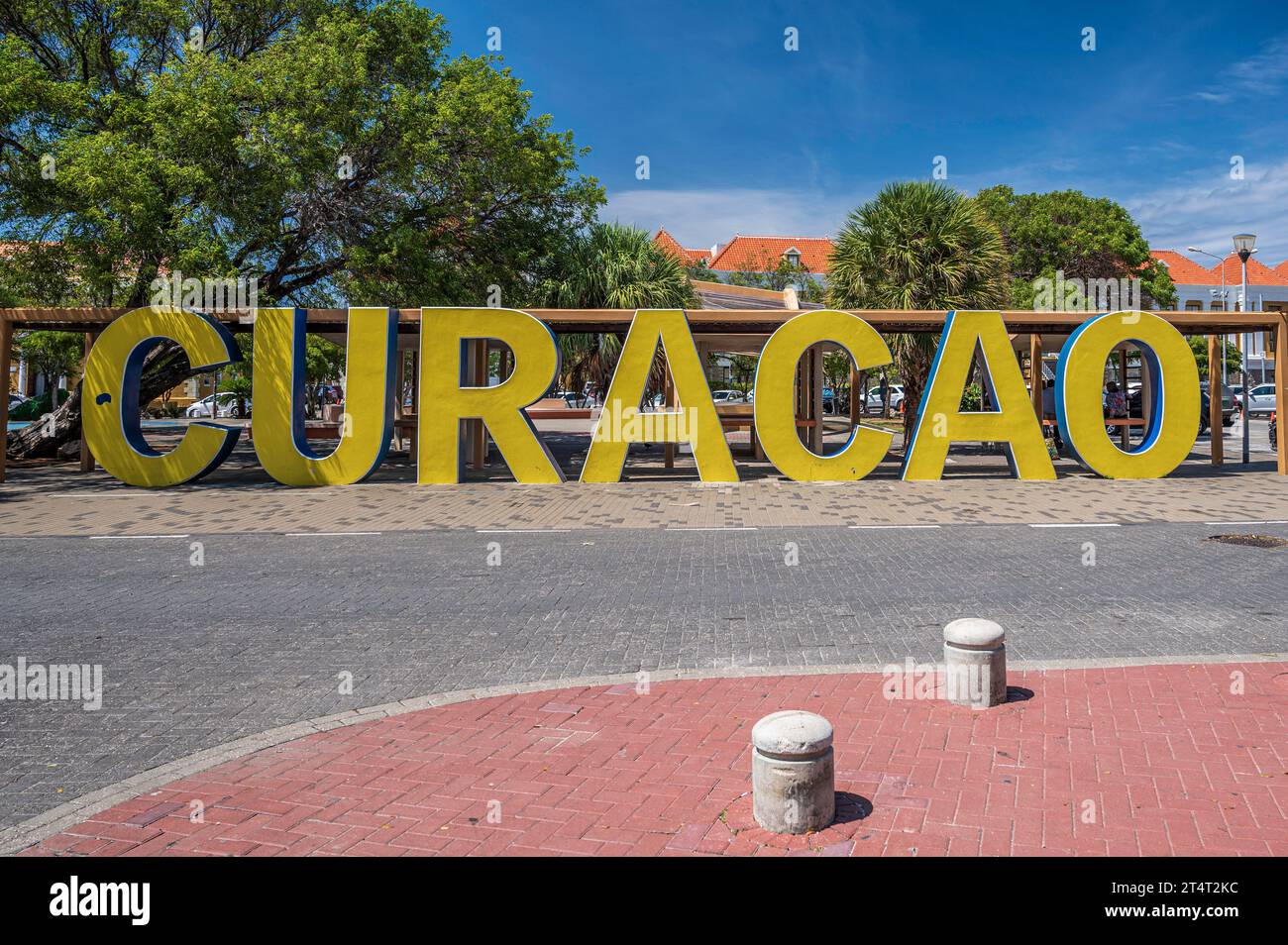 Curacao sign, on the Dutch island of Curacao, in the southern Caribbean ...