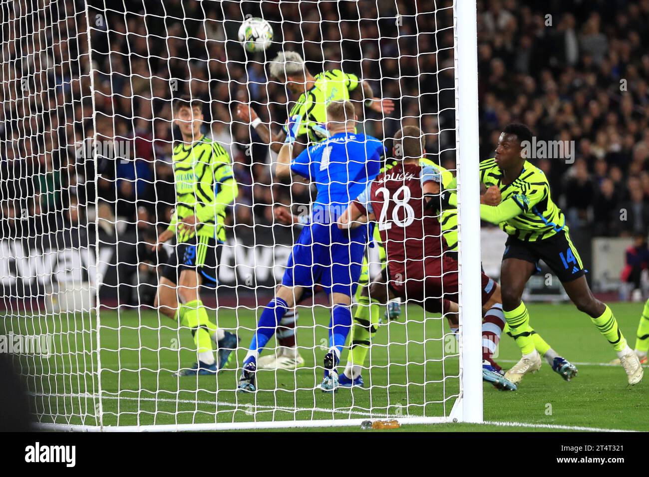 Arsenal's Ben White (centre) scores West Ham United's first goal of the ...