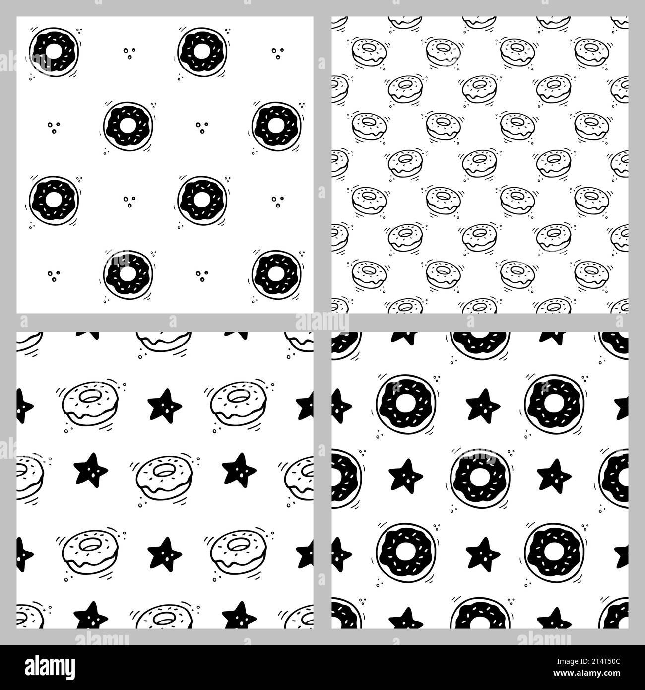 Hand drawn Donut patterns. Set of fast food seamless patterns. Comic ...