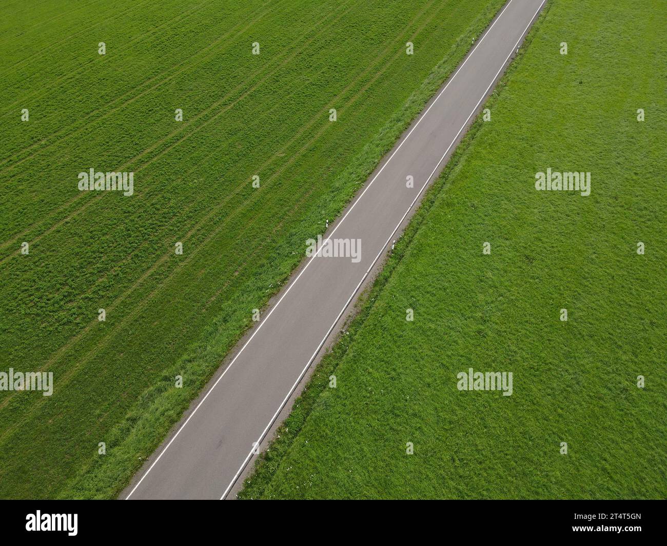 Aerial view of a straight road between grass fields in the landscape ...