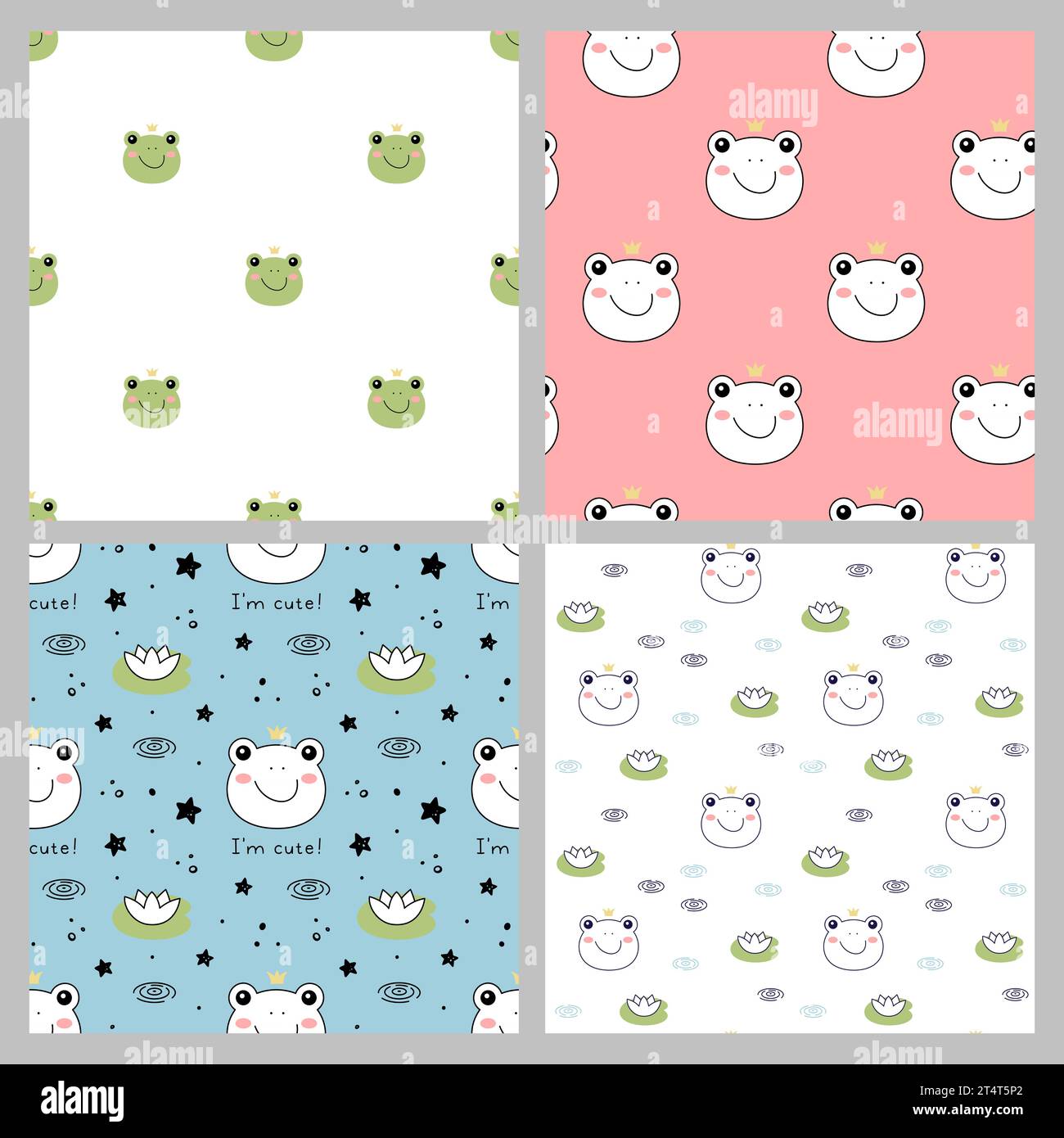 Set of Cute Little Frog queen seamless patterns. Hand drawn Little Toad ...