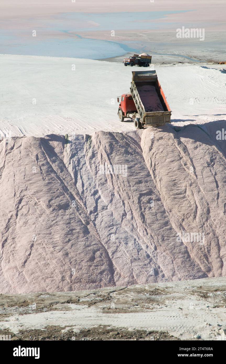 Trucks unloading raw salt bulk, Salinas Grandes de Hidalgo, La Pampa ...