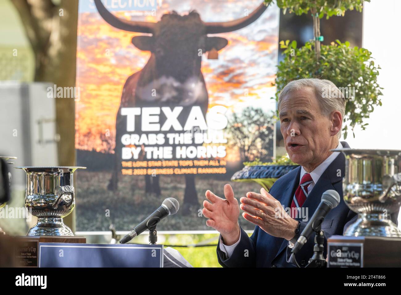 Austin Texas USA, November 1 2023: Texas Governor GREG ABBOTT answers ...