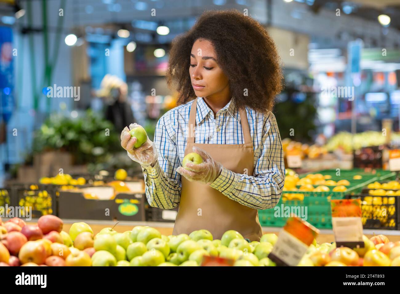 Serious concentrated woman seller shop worker inspects sorts and sorts ...