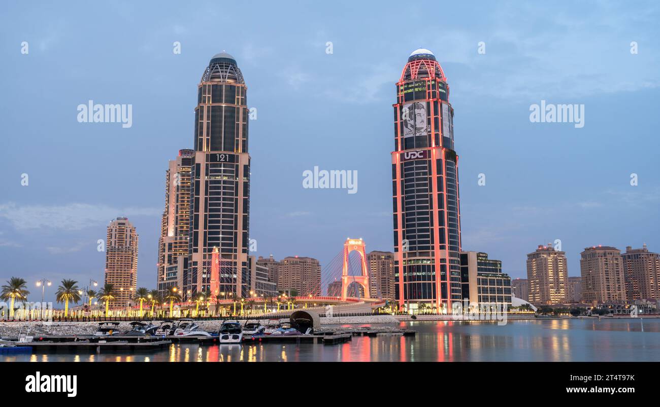 Pearl, Qatar- November 01, 2023: Gewan bridge in the entrance of pearl ...