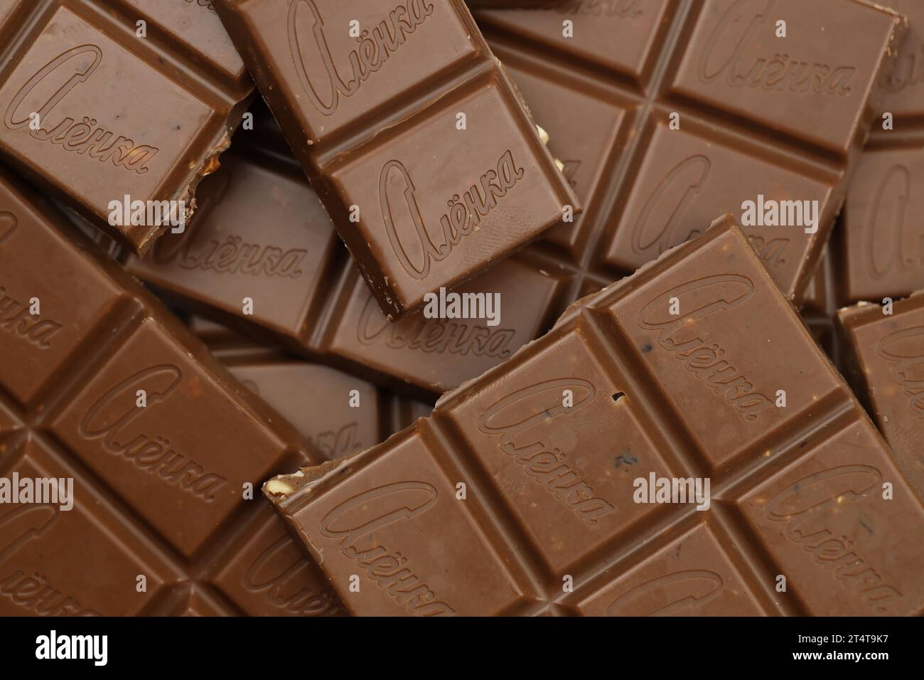 KHARKIV, UKRAINE - JANUARY 27, 2021 Alyonka chocolate square bars ...