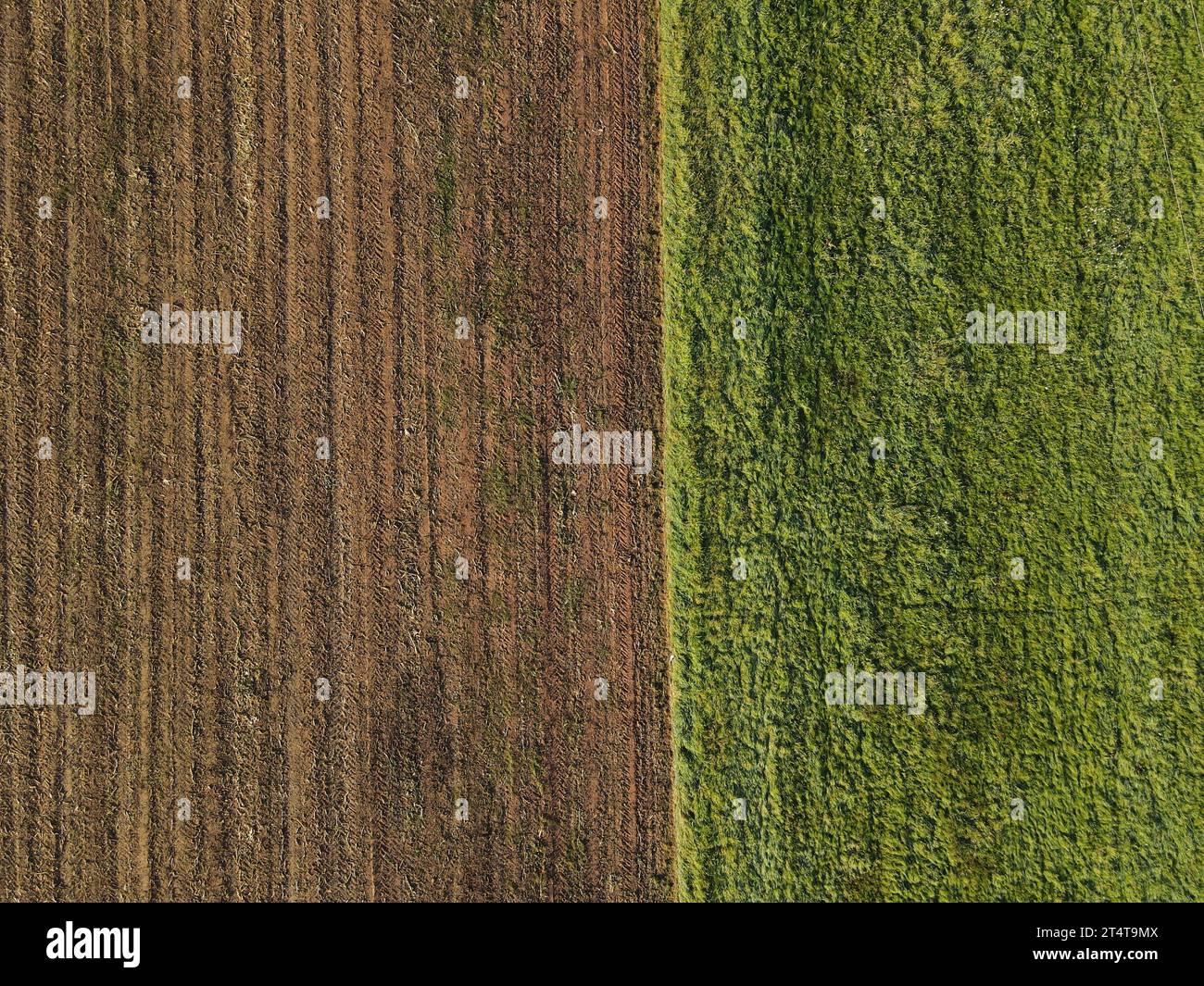 Aerial view of a brown country field with soil and a green country ...