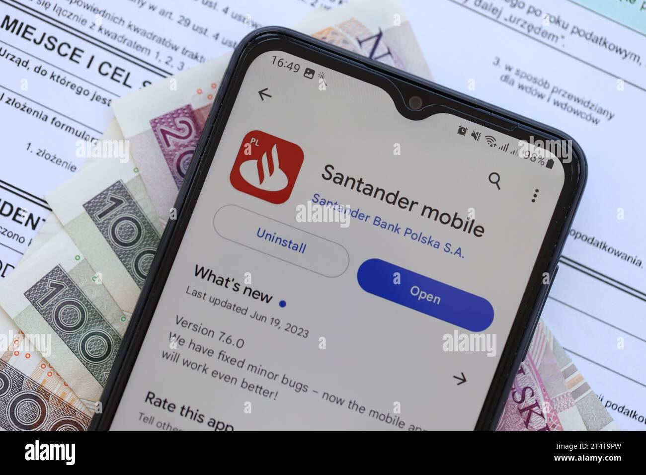 TERNOPIL, UKRAINE - AUGUST 3, 2023 Santander bank application on screen ...