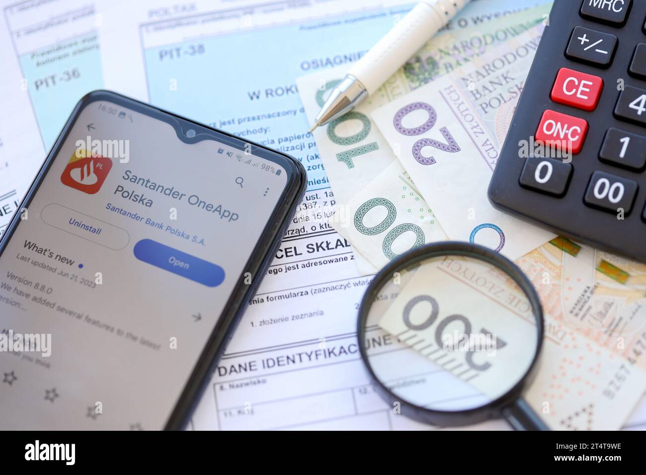 TERNOPIL, UKRAINE - AUGUST 3, 2023 Santander bank application on screen ...