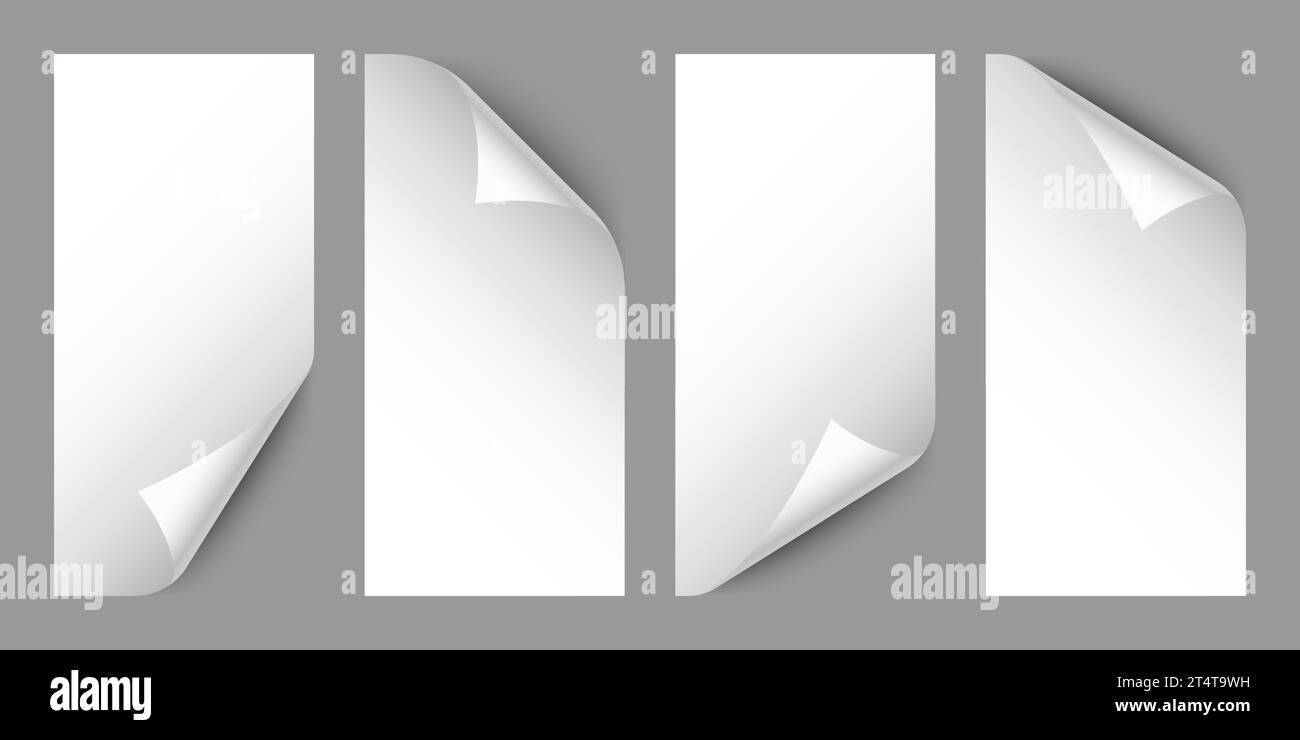 Set of white paper curls. Curled page corner with shadow. Blank sheet ...