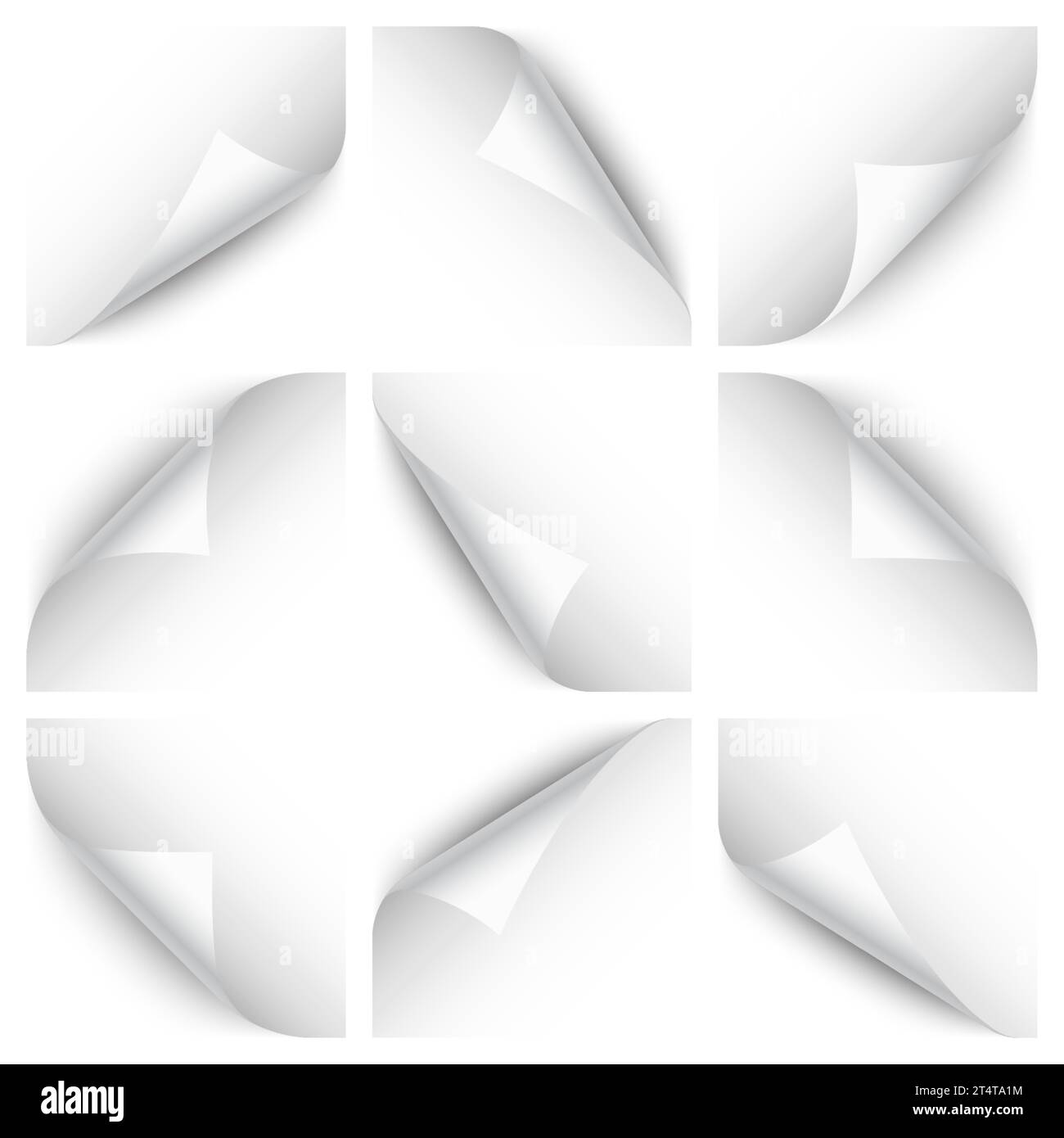 Set of white paper curls. Curled page corner with shadow. Blank sheet ...