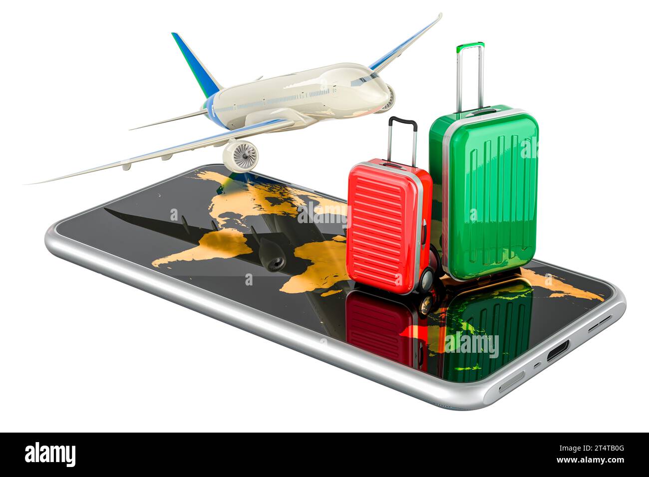 Airplane with suitcases on the mobile phone with Earth map on the phone ...