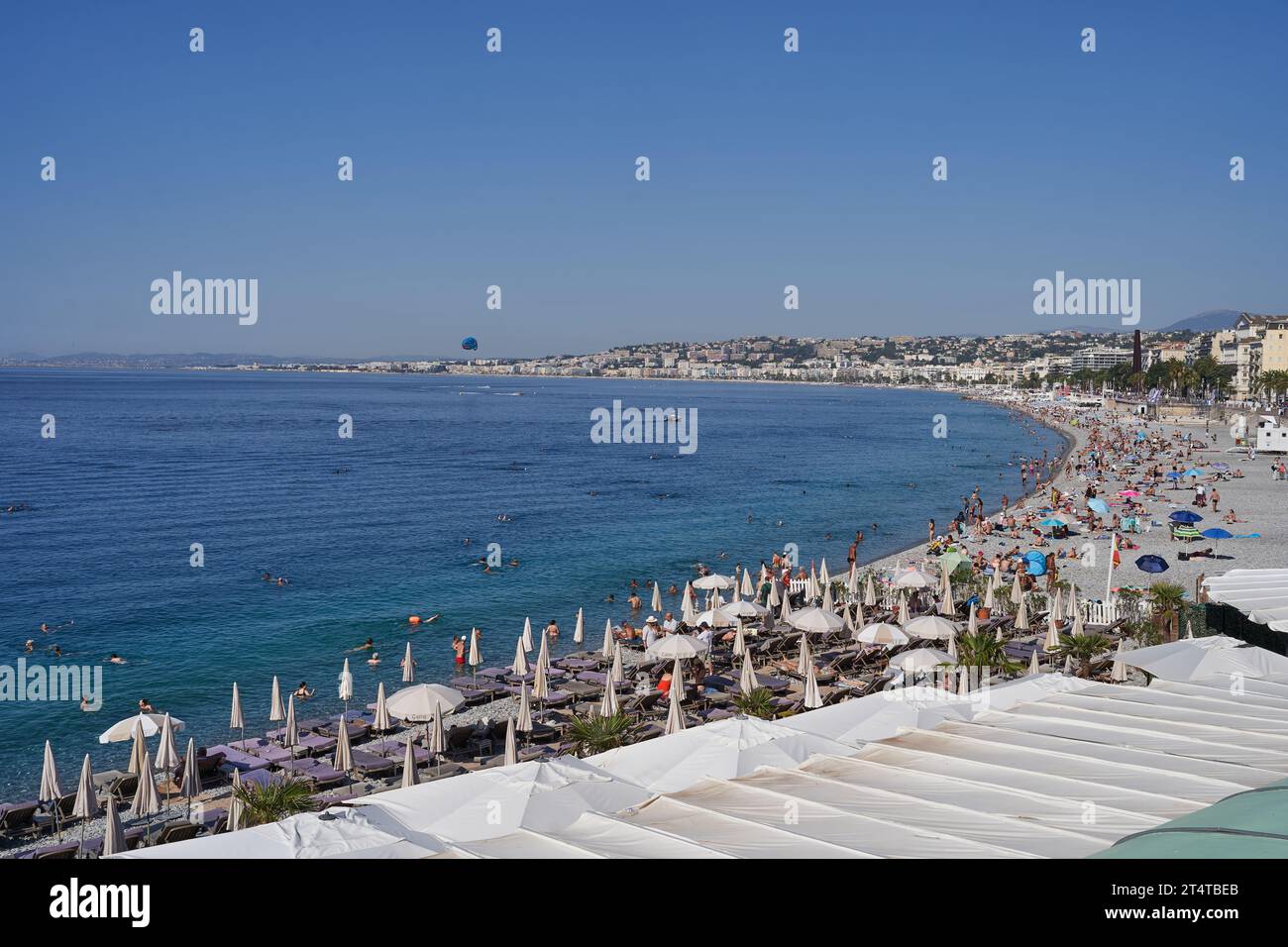 Nice, France - August 12, 2023 - relax on the beach of the la Promenade ...