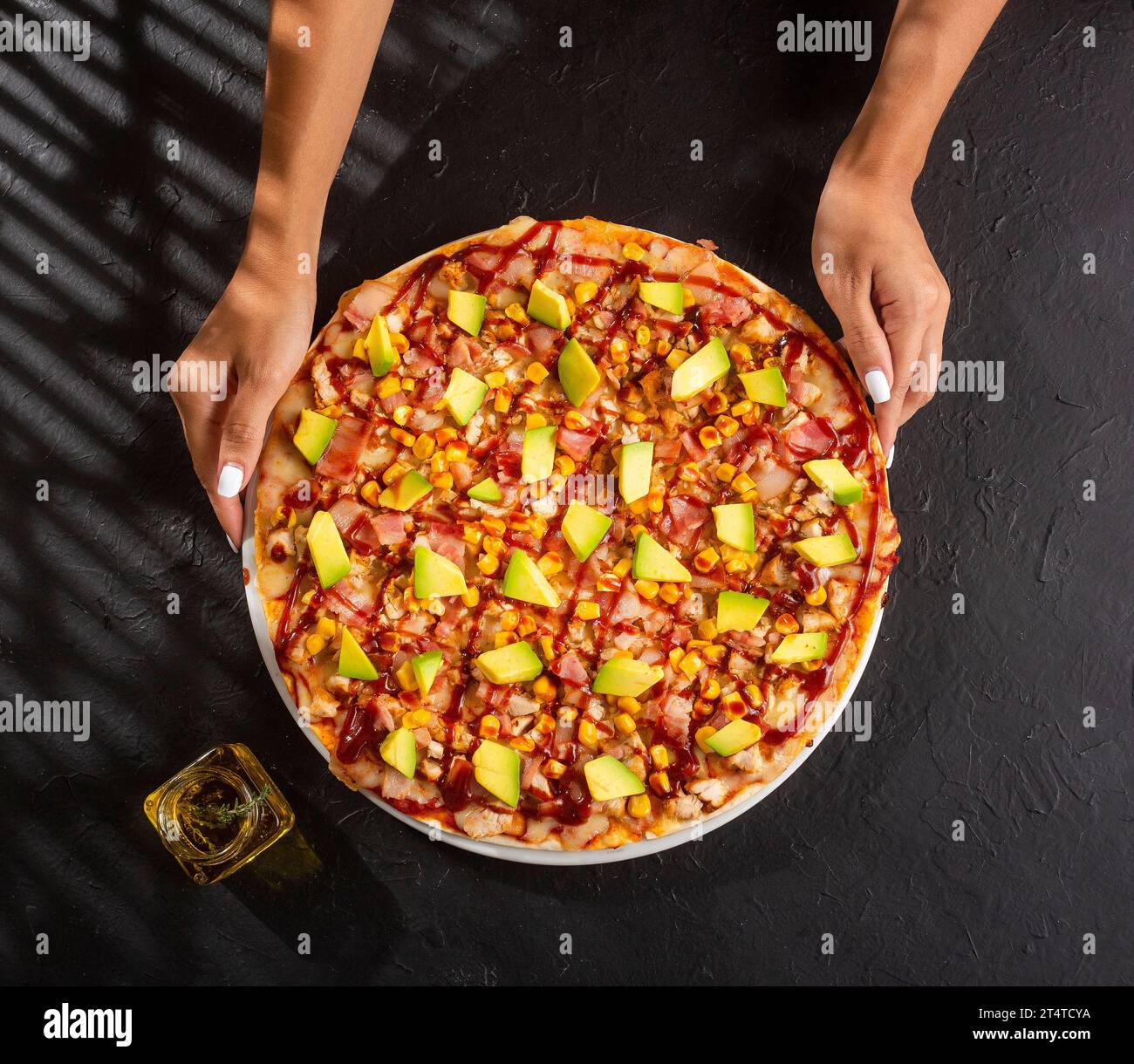 BBQ chicken pizza - Neapolitan sauce and cheese base. Fusion of chicken ...