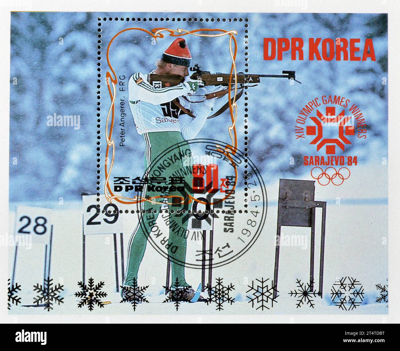 Souvenir Sheet with cancelled postage stamp printed by North Korea that ...
