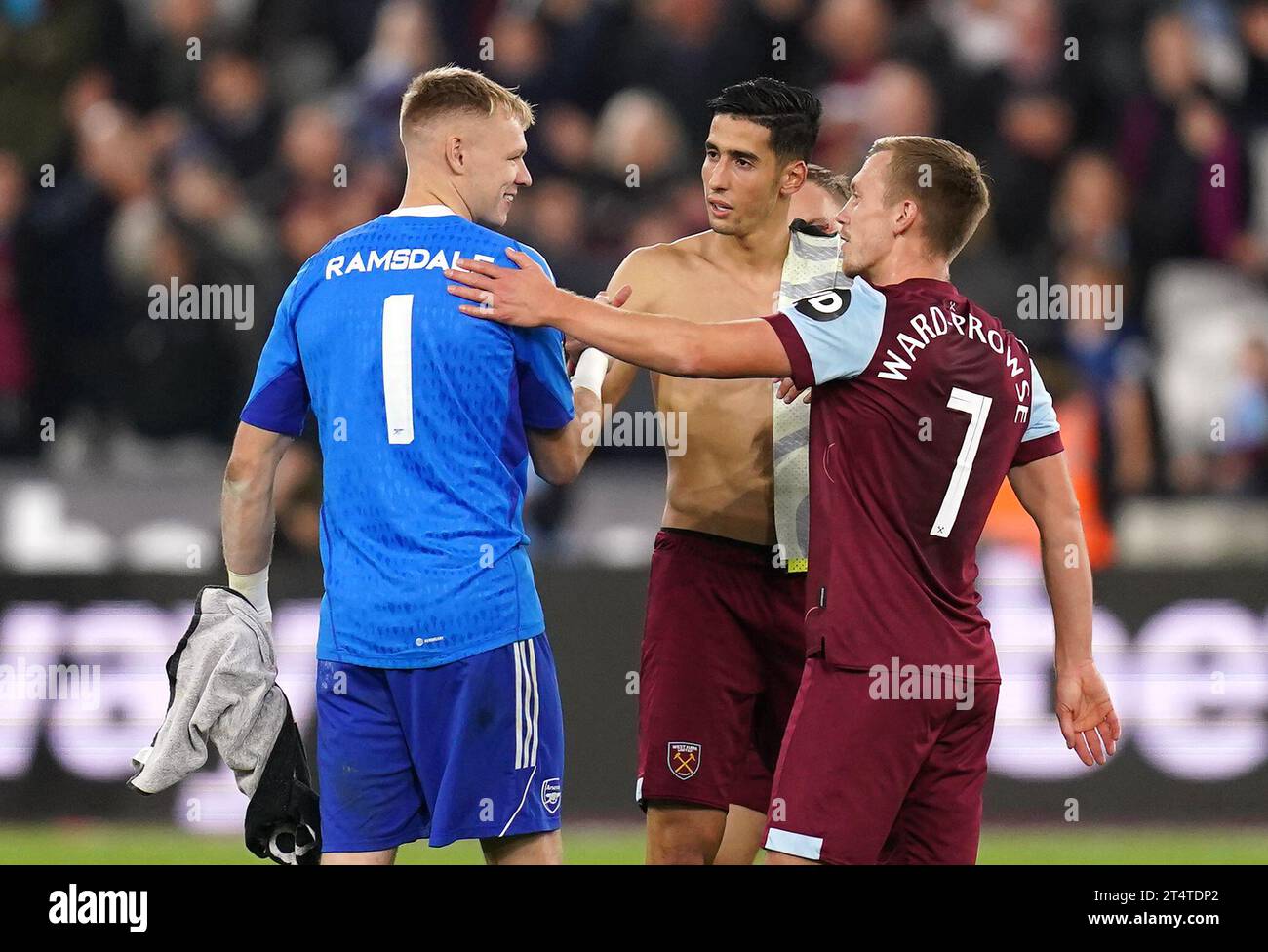 Arsenal goalkeeper Aaron Ramsdale (left) and West Ham United's James ...