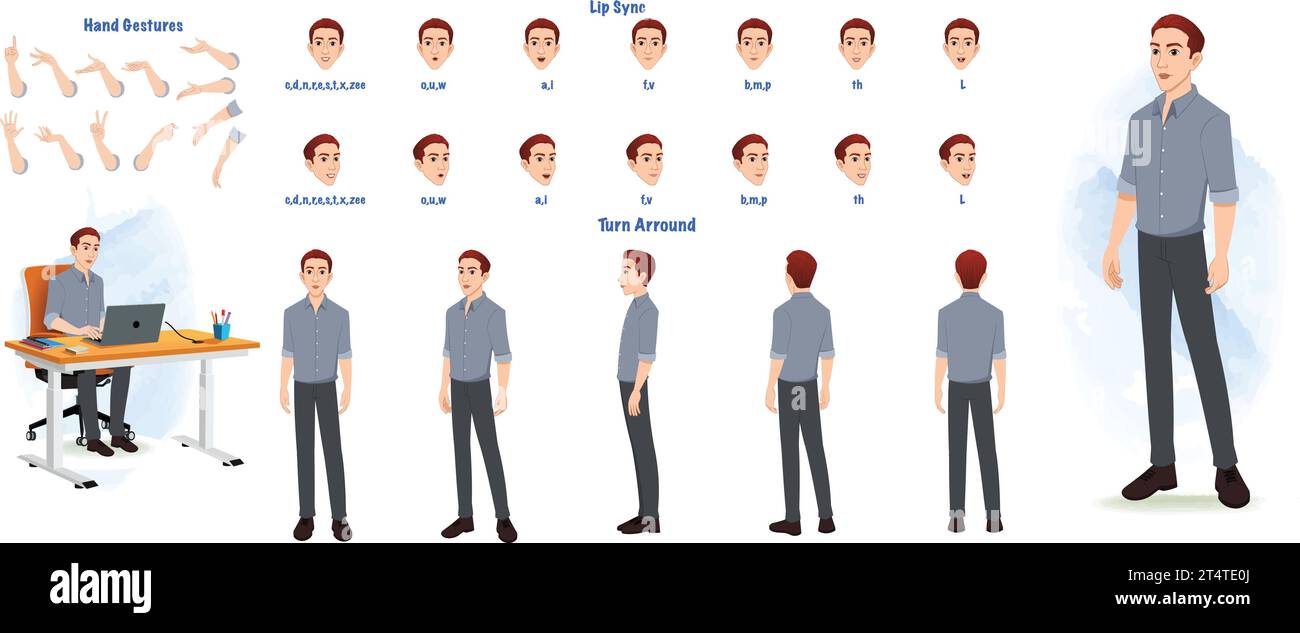 A man model sheet. Male creation set. Male turnaround sheet, hand gestures, lip sync Stock ...