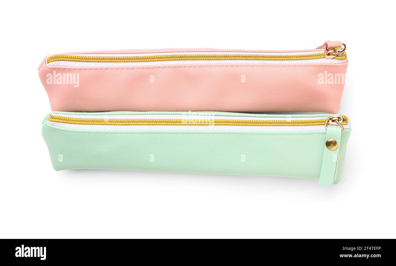Pencil cases on white background Stock Photo - Alamy