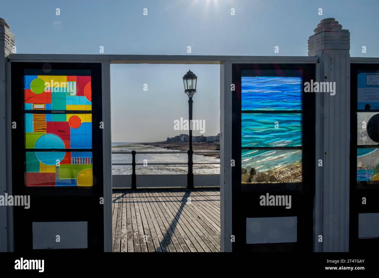 Worthing Pier stained glass panels in the windbreak known as Windows On ...